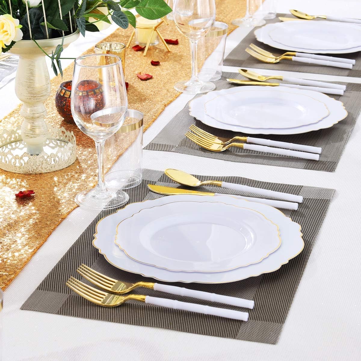 WDF 60pcs White and Gold Plastic Plates - Baroque White With Gold of 30 Heavy Duty Gold dinner plates 10.25inch, 30 Salad Plates 7.5inch