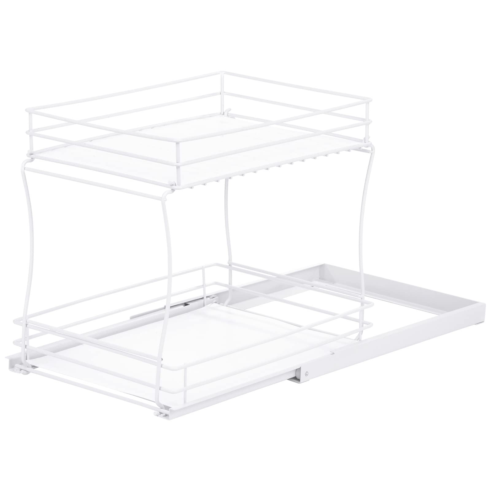 uxcell Pull Out Cabinet Organizer, 2-Tier Under Sink Slide Out Storage Shelf 14.7" L x 10.8" W x 13.3" H Bathroom Organizer Kitchen Cabinet Storage with Sliding Drawer White