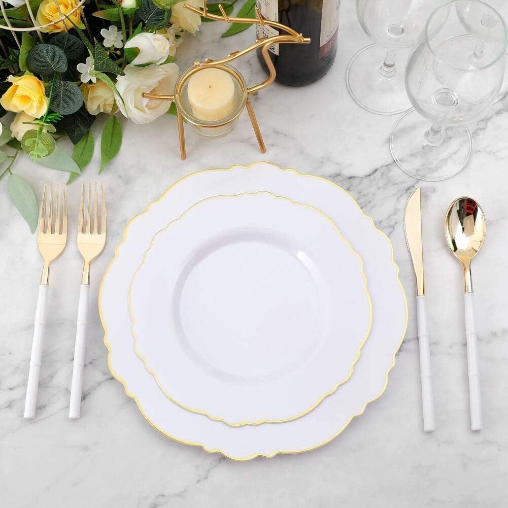 WDF 60pcs White and Gold Plastic Plates - Baroque White With Gold of 30 Heavy Duty Gold dinner plates 10.25inch, 30 Salad Plates 7.5inch