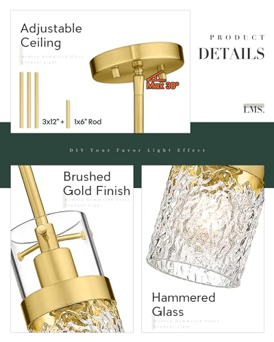 LMS Gold Pendant Light, 1-Light Pendant Lighting for Kitchen Island with Hammered Glass, LMS-171