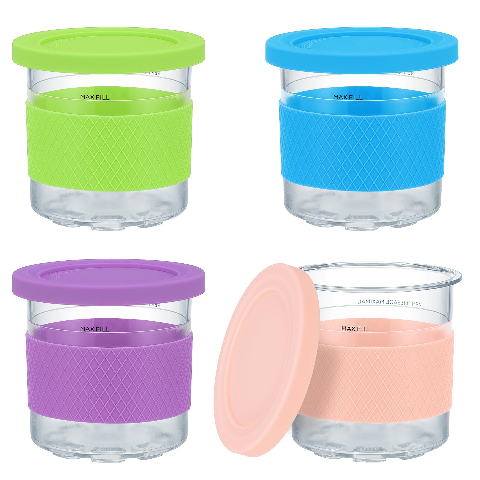 CINPIUK Ice Cream Pints, 4 Pack Containers with Silicone Lids & Covers Replacements for Ninja Creami Pints, Compatible with NC301 NC300 NC299AMZ Series Ice Cream Maker, Dishwasher Safe Containers