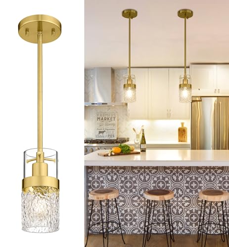 LMS Gold Pendant Light, 1-Light Pendant Lighting for Kitchen Island with Hammered Glass, LMS-171