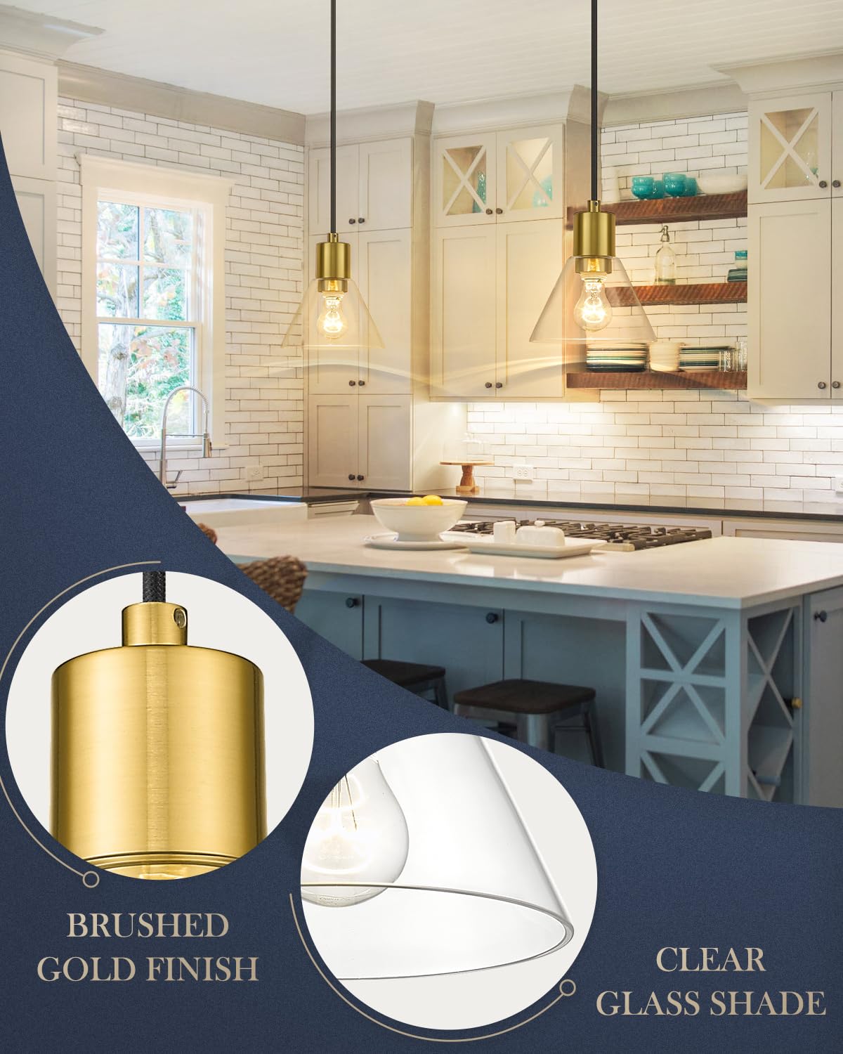 LMS 1-Light Gold Glass Pendant Light, Modern Kitchen Pendant Hanging Light with Clear Glass Shade in Gold Finish, LMS-103