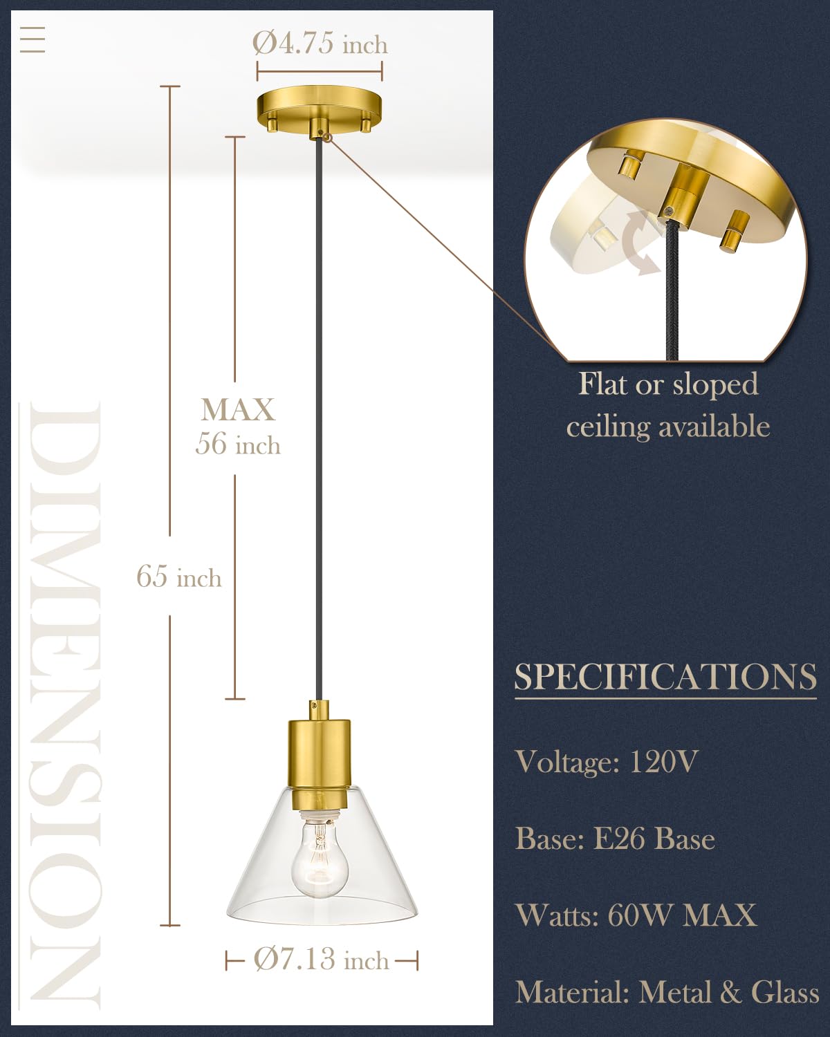 LMS 1-Light Gold Glass Pendant Light, Modern Kitchen Pendant Hanging Light with Clear Glass Shade in Gold Finish, LMS-103
