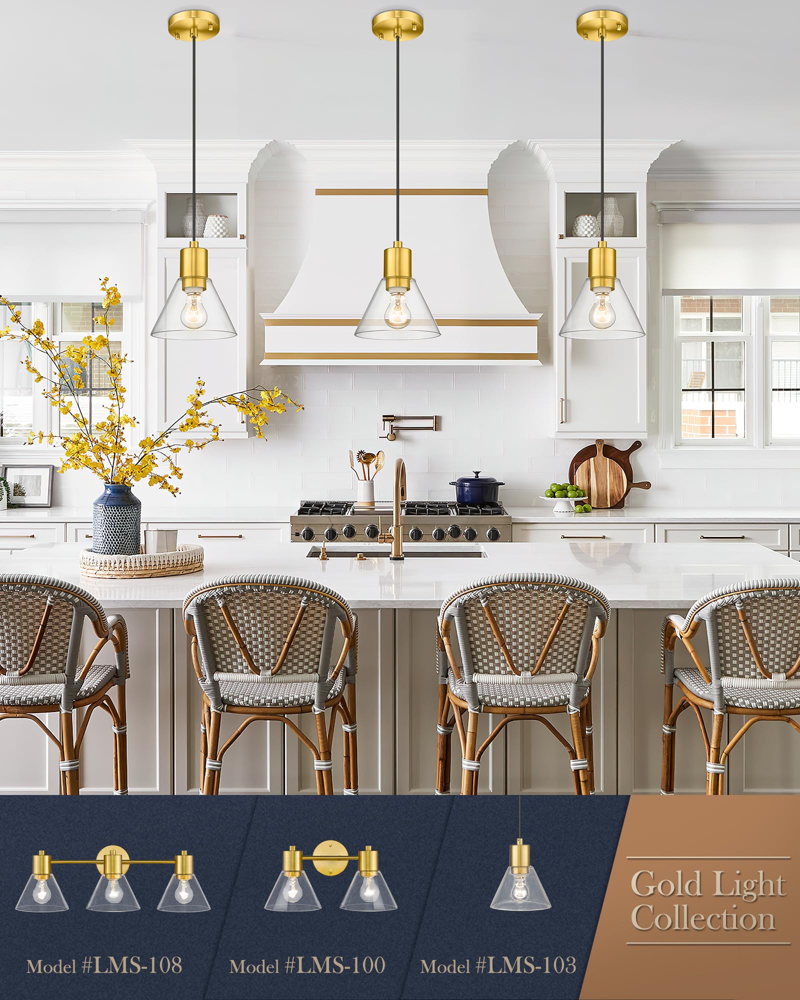 LMS 1-Light Gold Glass Pendant Light, Modern Kitchen Pendant Hanging Light with Clear Glass Shade in Gold Finish, LMS-103