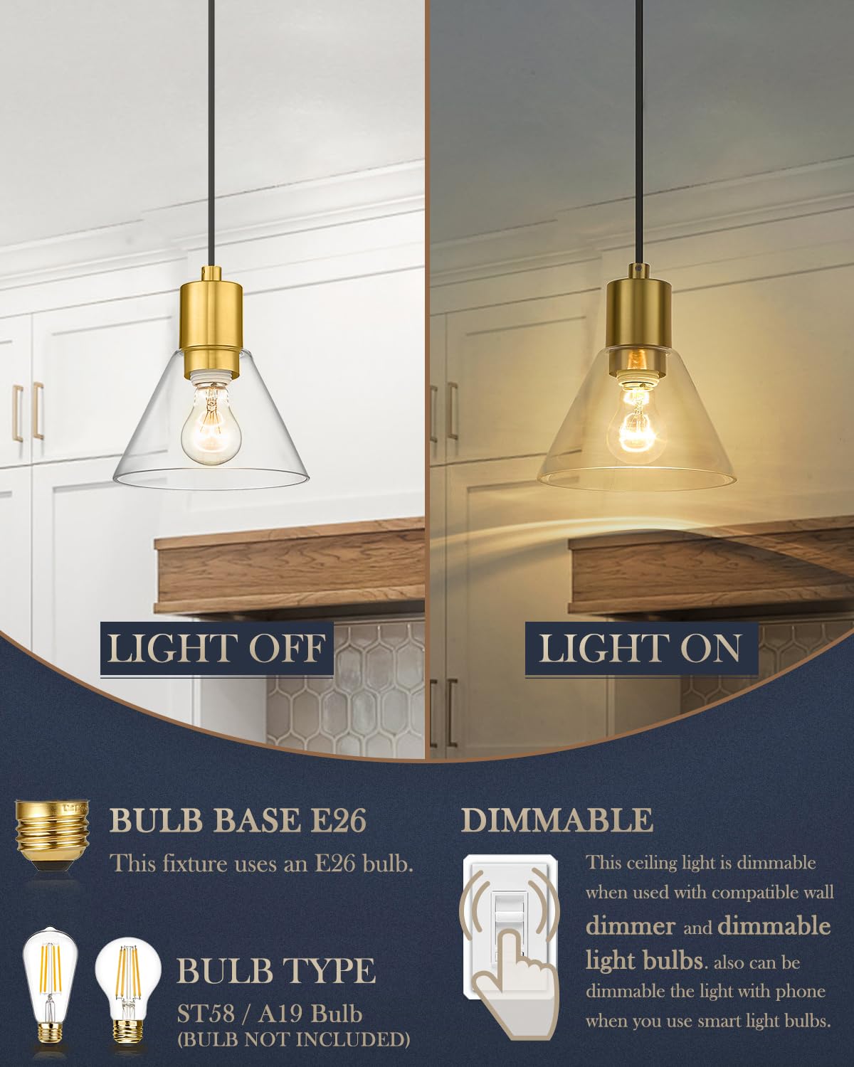 LMS 1-Light Gold Glass Pendant Light, Modern Kitchen Pendant Hanging Light with Clear Glass Shade in Gold Finish, LMS-103