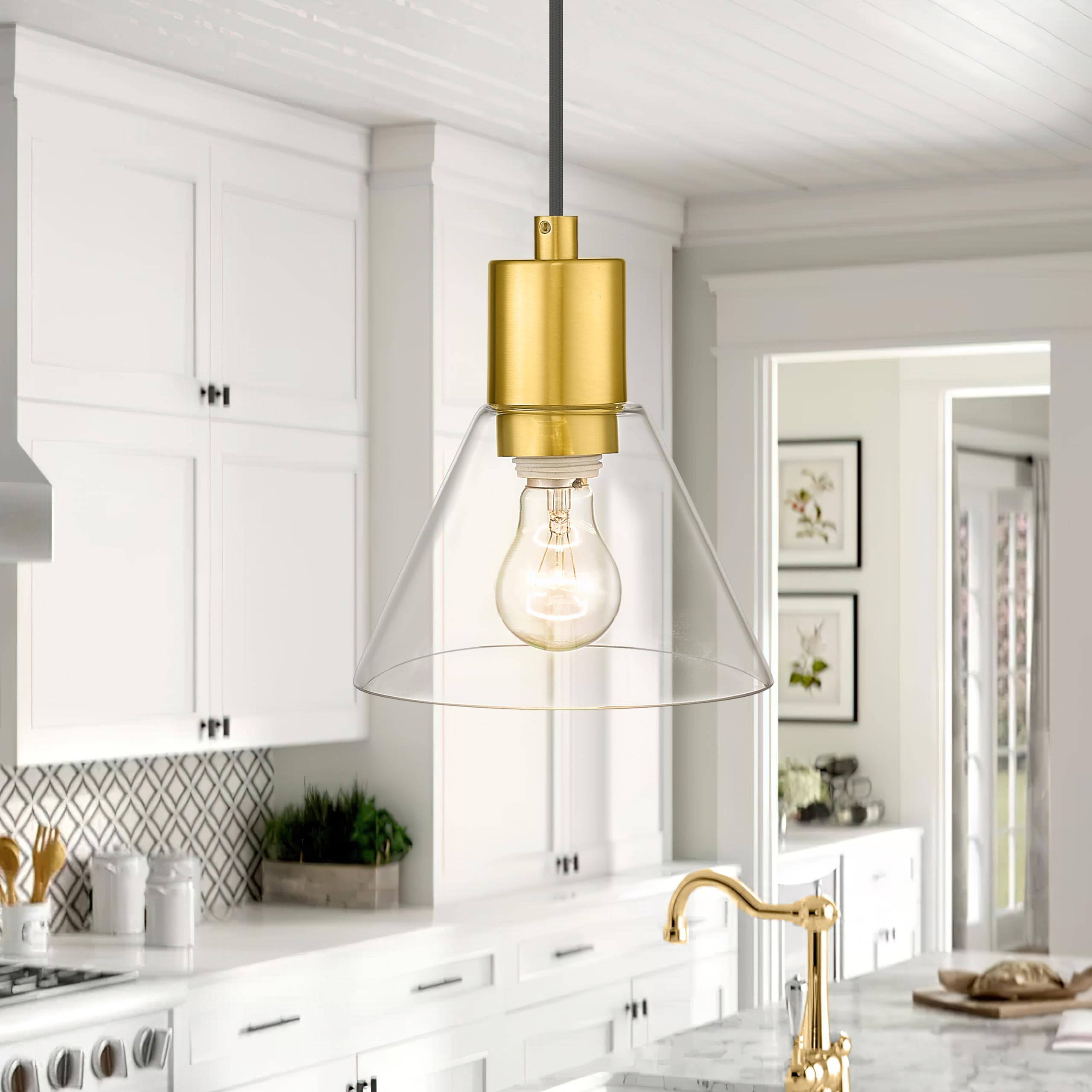 LMS 1-Light Gold Glass Pendant Light, Modern Kitchen Pendant Hanging Light with Clear Glass Shade in Gold Finish, LMS-103