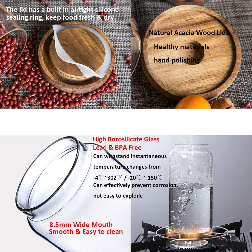 Keledz Glass Storage Jar with Wood Lids, Airtight Sealed Clear Borosilicate Glass Canister Kitchen Food Storage Containers for Coffee Beans Loose Tea Nuts Sugar Candy Spice, 450ml 16 oz (450ml 16 oz)