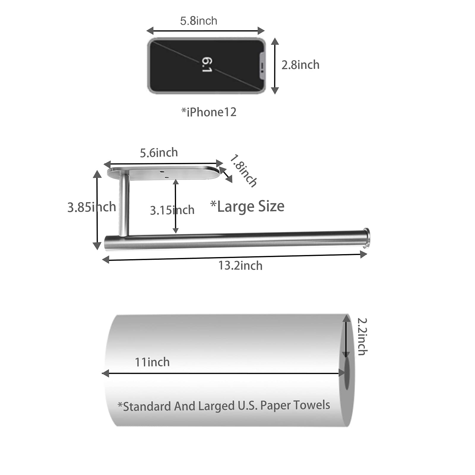 Paper Towel Holder Under Cabinet, Adhesive Paper Towel Holders Wall Mount, SUS 304 Stainless Steel Silver