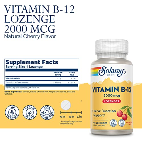 SOLARAY Vitamin B-12 2000 mcg, Sugar-Free Natural Cherry Flavor, Healthy Energy & Red Blood Cell Support, 90 Lozenges