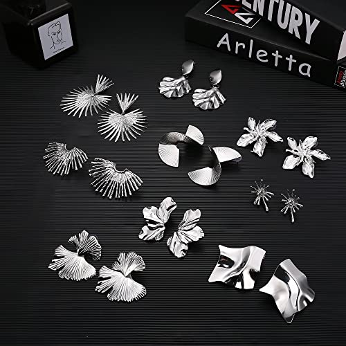 FIBO STEEL 9 Pairs 18k Gold Plated Geometric Earrings Exaggerated Statement Earrings Stylish Sectored Twisted Ginkgo Leaf Earrings for Women Silver Tone