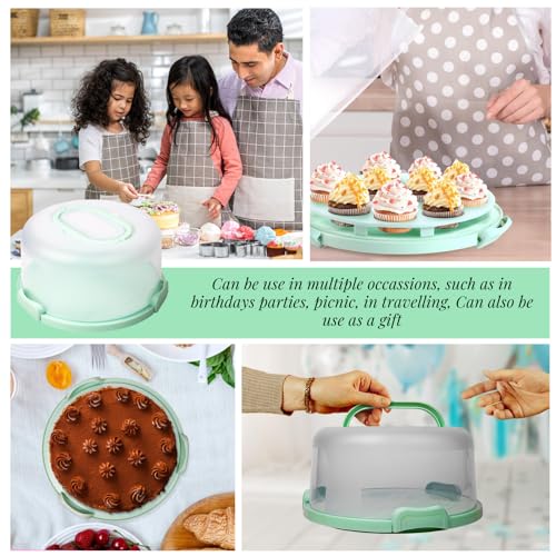 Plastihut Cake Carrier With Lid and Handle – All In 1 Multipurpose Cake Storage Container Fits 10" Cake, 11 Cupcakes & A Cake Plate Serves as 5 Section Serving Tray for Snacks & Fruit - Mint