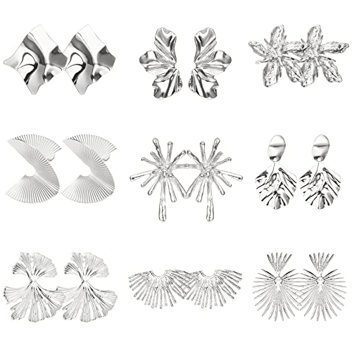 FIBO STEEL 9 Pairs 18k Gold Plated Geometric Earrings Exaggerated Statement Earrings Stylish Sectored Twisted Ginkgo Leaf Earrings for Women Silver Tone