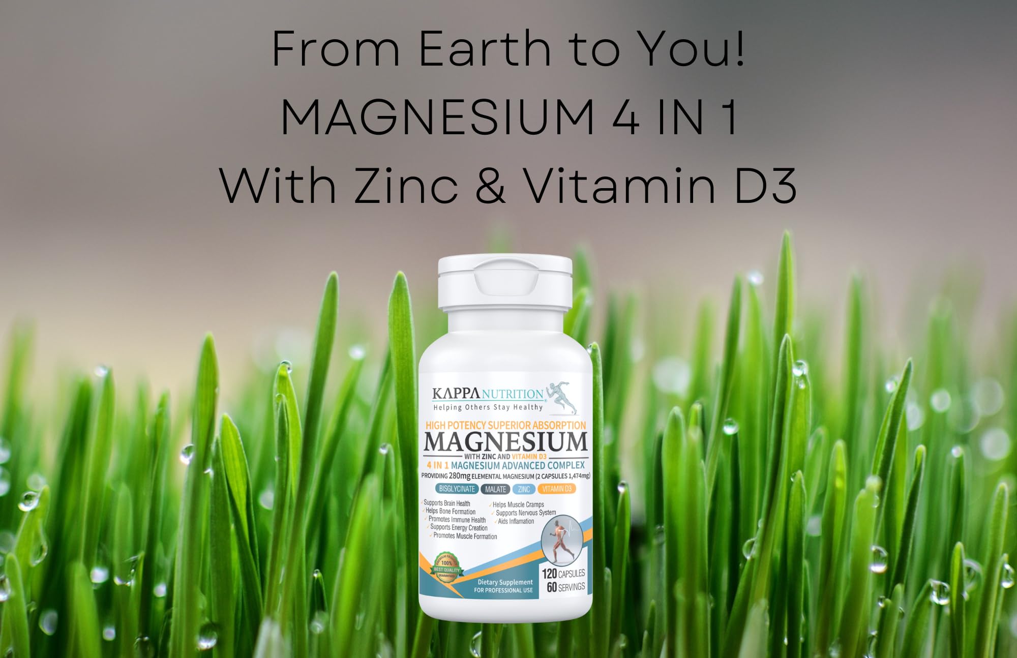(120 Capsules), Glycinate, Bisglycinate, Malate, Zinc, Vitamin D3 for Brain, Sleep, Cramps, Headaches, Energy, Bones, Immune, Providing 280mg Elemental Magnesium, from KAPPA NUTRITION