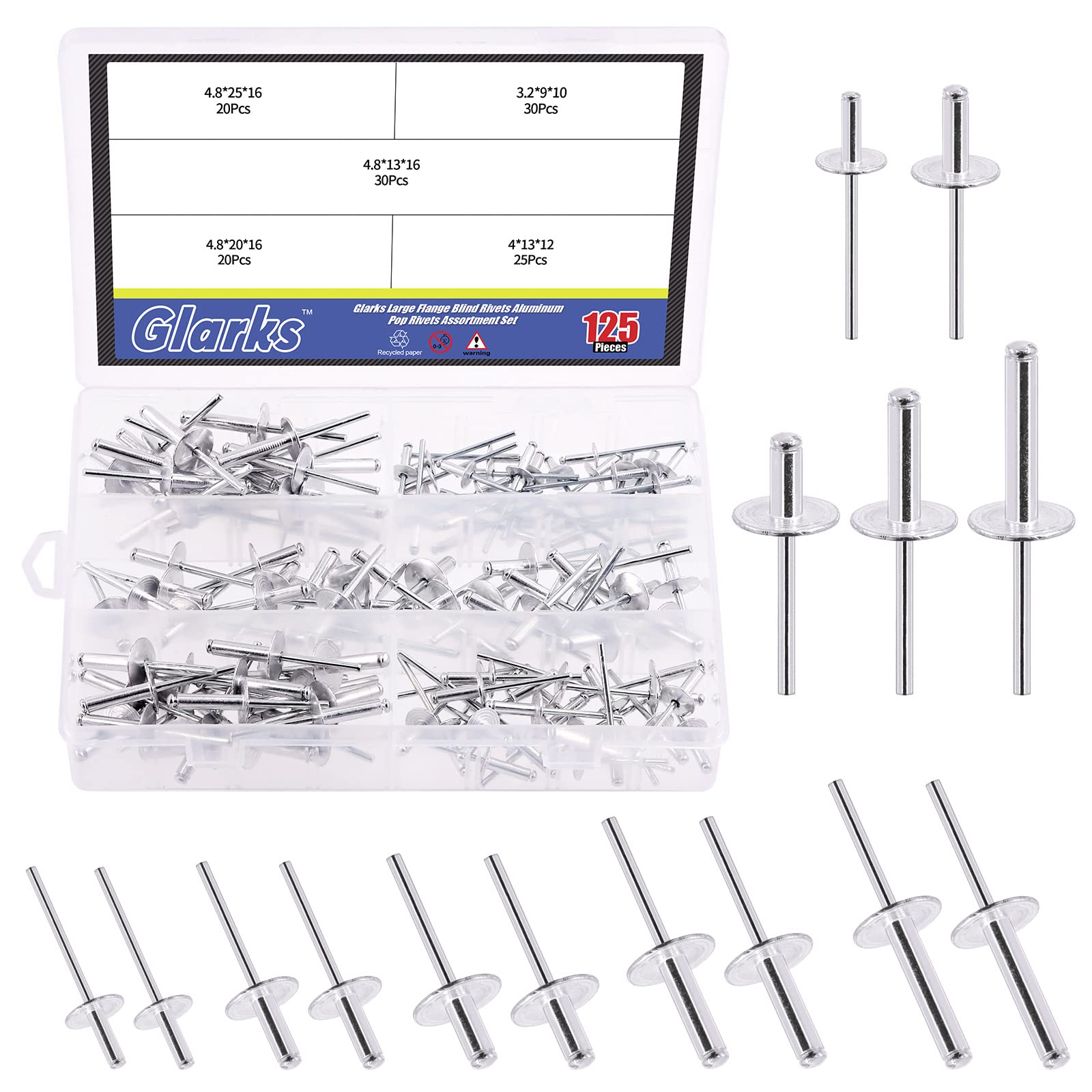 Glarks 125Pcs 5 Sizes Large Flange Aluminum Blind Rivets Pop Rivets Assortment Set for Joining Metal Plate Pipe Automotive