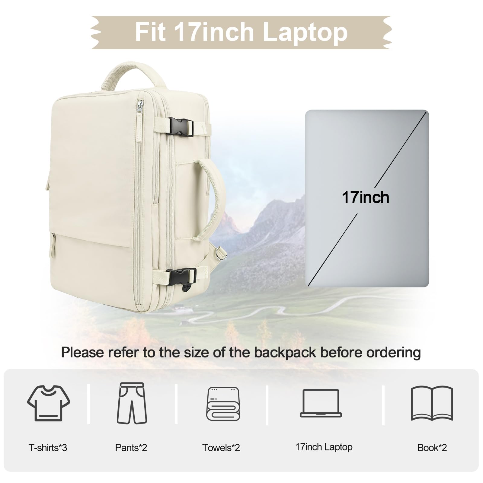 Hanples Travel Backpack for Women as Person Item Flight Approved, Large Carry On Backpack, 17.3 Inch Laptop Backpack, Waterproof Backpack, Hiking Backpack, Casual Bag (Beige)