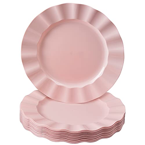 SILVER SPOONS Elegant Plastic Plates for Party with Scalloped Rim (10 PC), Disposable Heavy-Duty Dinner Plates for Wedding Reception - 11.25â, Fancy Plastic Dinnerware Sets - Pink