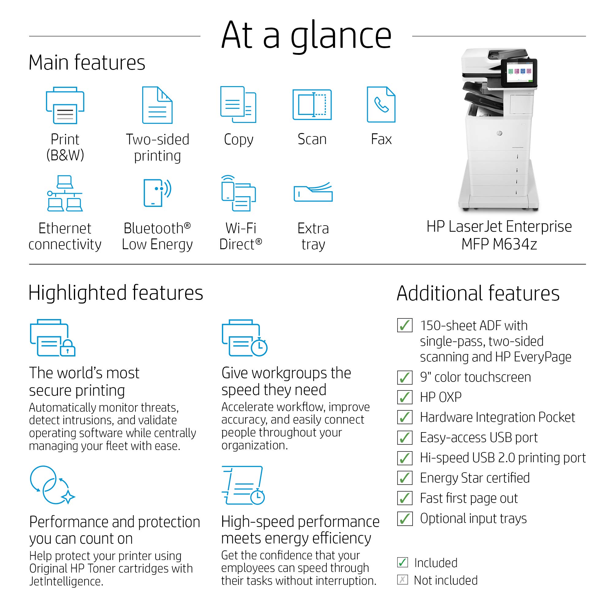 HP LaserJet Enterprise MFP M634z Monochrome All-in-One Printer with built-in Ethernet, 2-sided printing, extra paper trays & 3-bin stapler/stacker (7PS96A)