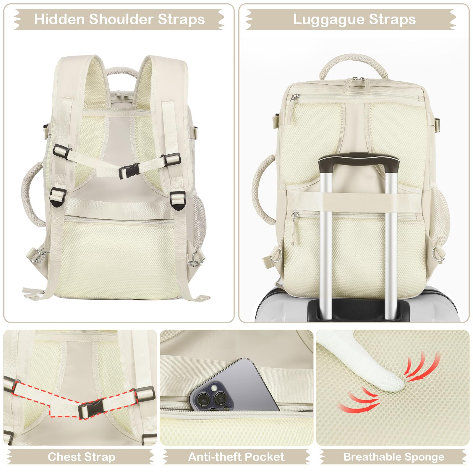 Hanples Travel Backpack for Women as Person Item Flight Approved, Large Carry On Backpack, 17.3 Inch Laptop Backpack, Waterproof Backpack, Hiking Backpack, Casual Bag (Beige)
