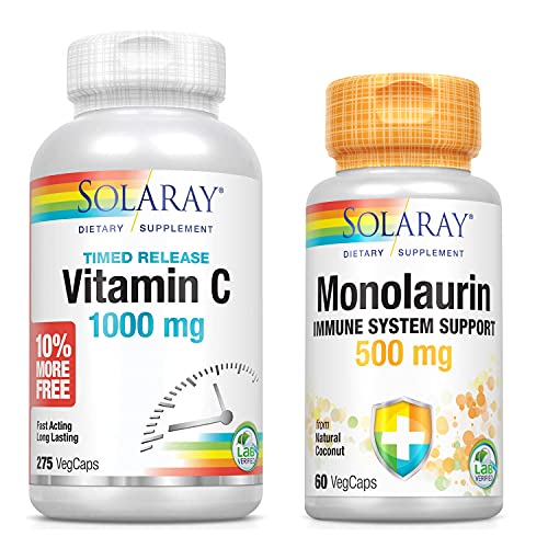 SOLARAY Timed Release Vitamin C 1000mg & Monolaurin 500mg Bundle | Powerful Immune & Gut Health Support | 275ct, 60ct