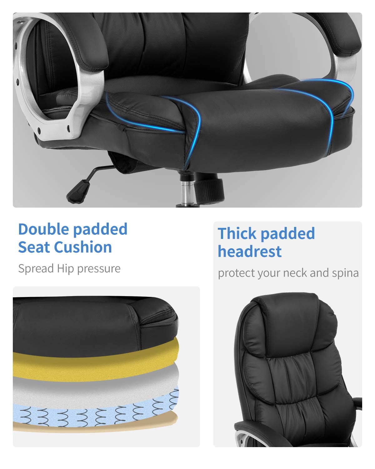 Office Chair Computer High Back Adjustable Ergonomic Desk Chair Executive PU Leather Swivel Task Chair with Armrests Lumbar Support (Black)