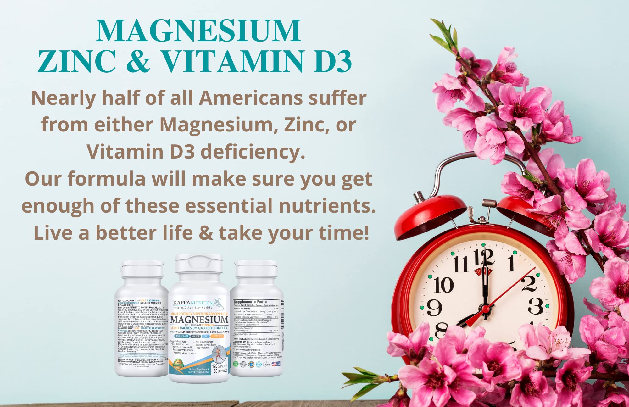 (120 Capsules), Glycinate, Bisglycinate, Malate, Zinc, Vitamin D3 for Brain, Sleep, Cramps, Headaches, Energy, Bones, Immune, Providing 280mg Elemental Magnesium, from KAPPA NUTRITION