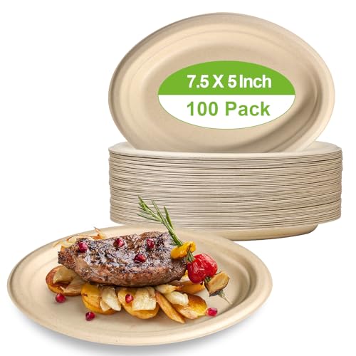 EcoAvance Oval Paper Plates Small, 7 inch Paper Plates 100 Pack, 100% Recycled Paper Plates, Natural Eco Friendly Disposable Plates, Compostable Dessert Plates, Brown Paper Plates Bulk