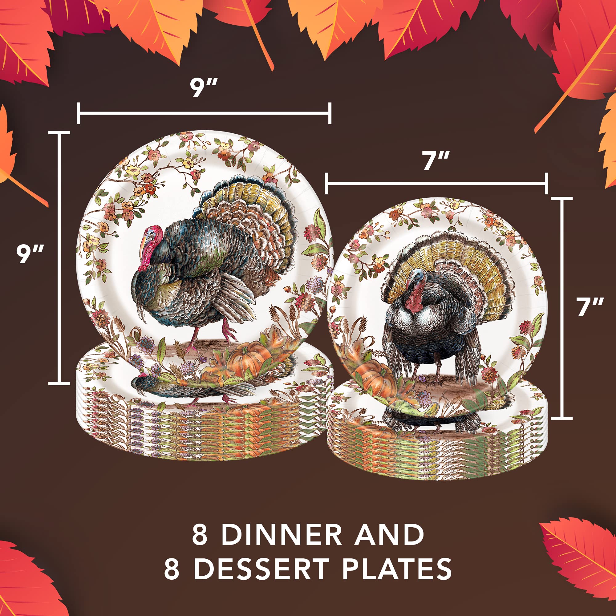 Unique Plaid Turkey Dinnerware Bundle for 8 - Dessert and Dinner Plates, 16 Luncheon & Beverage Napkins - Fall Family Thanksgiving Party Set Decorations Supplies Paper Disposable