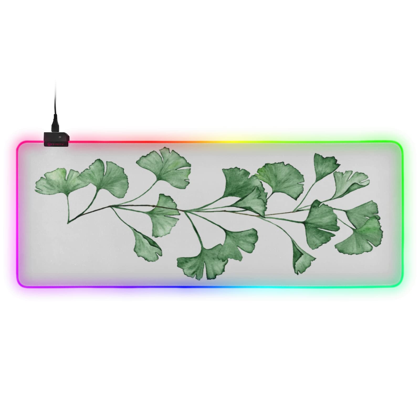 Large RGB Gaming Mouse Pad Ginkgo Biloba Known Ginko Gingko Leaves Glowing Extended Mousepad 35.4x15.7in, Soft Anti-Slip Rubber Base Luminous Mouse Mat for Pc Laptop, Gaming, Office, Home