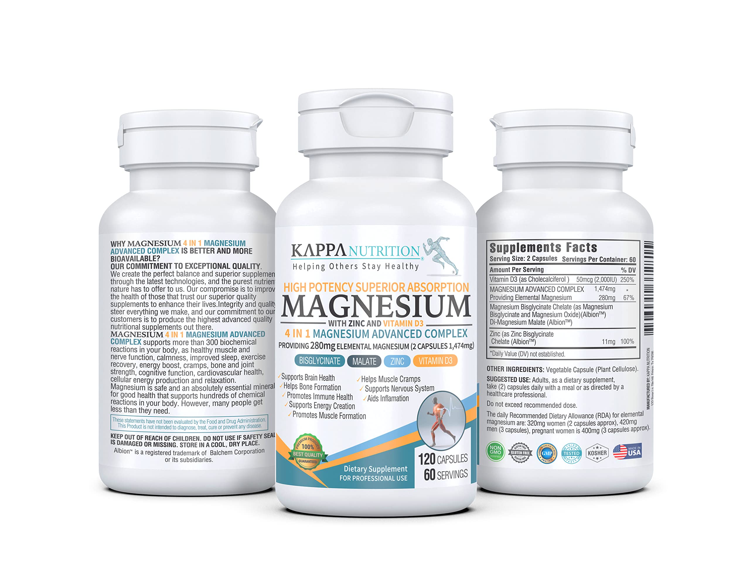 (120 Capsules), Glycinate, Bisglycinate, Malate, Zinc, Vitamin D3 for Brain, Sleep, Cramps, Headaches, Energy, Bones, Immune, Providing 280mg Elemental Magnesium, from KAPPA NUTRITION