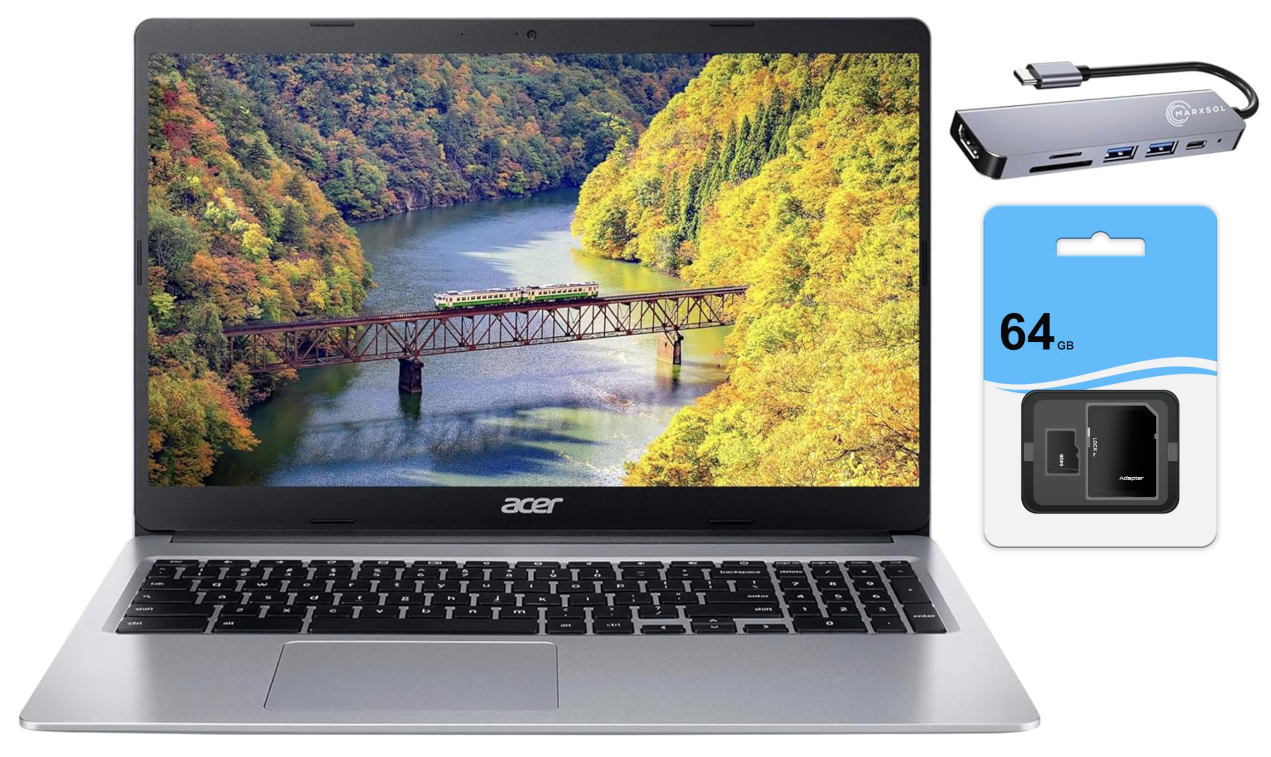 acer Chromebook 315 Laptop Computer (2023), 15.6” HD Display, Intel Celeron N4020 (up to 2.8GHz), 4GB RAM, 128GB Storage (64GB eMMC+64GB SD), Webcam, WiFi, 12+ Hrs Battery, Chrome OS+MarxsolAccessory