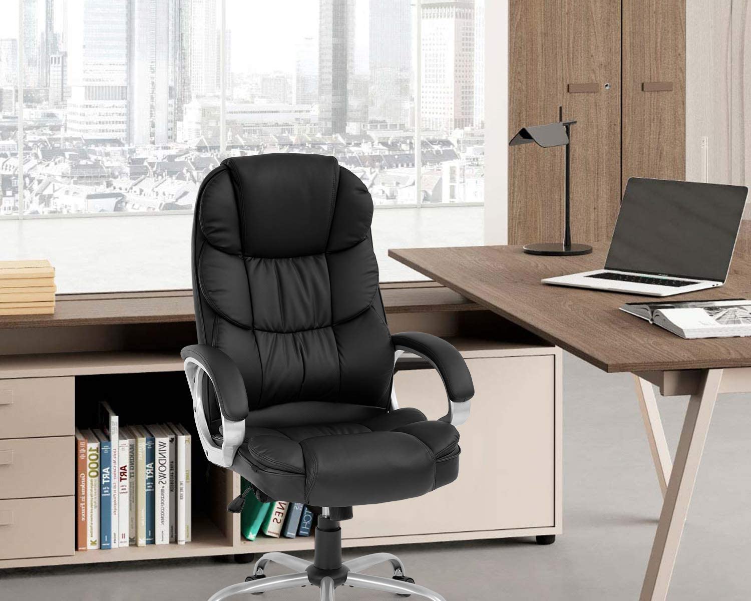 Office Chair Computer High Back Adjustable Ergonomic Desk Chair Executive PU Leather Swivel Task Chair with Armrests Lumbar Support (Black)