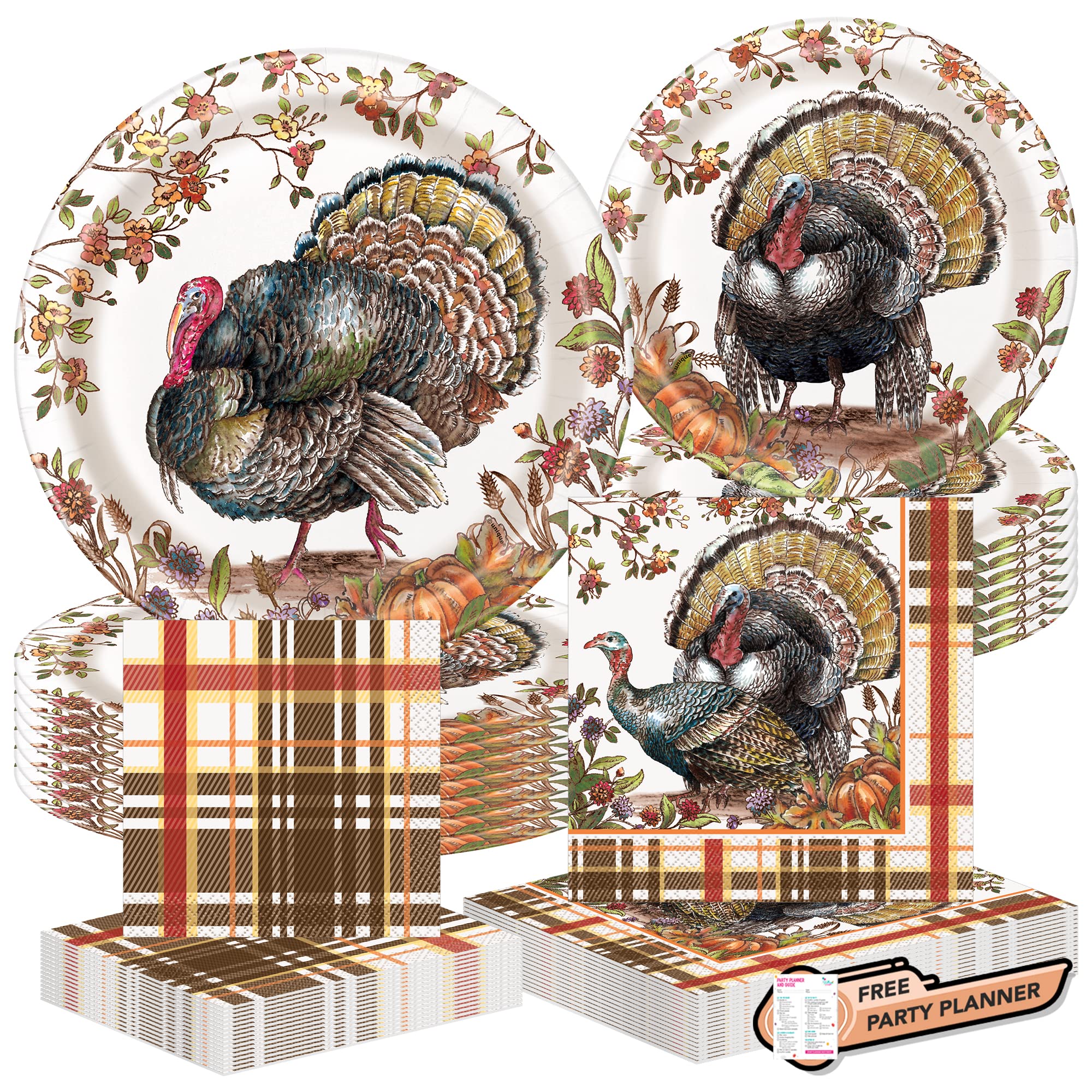 Unique Plaid Turkey Dinnerware Bundle for 8 - Dessert and Dinner Plates, 16 Luncheon & Beverage Napkins - Fall Family Thanksgiving Party Set Decorations Supplies Paper Disposable