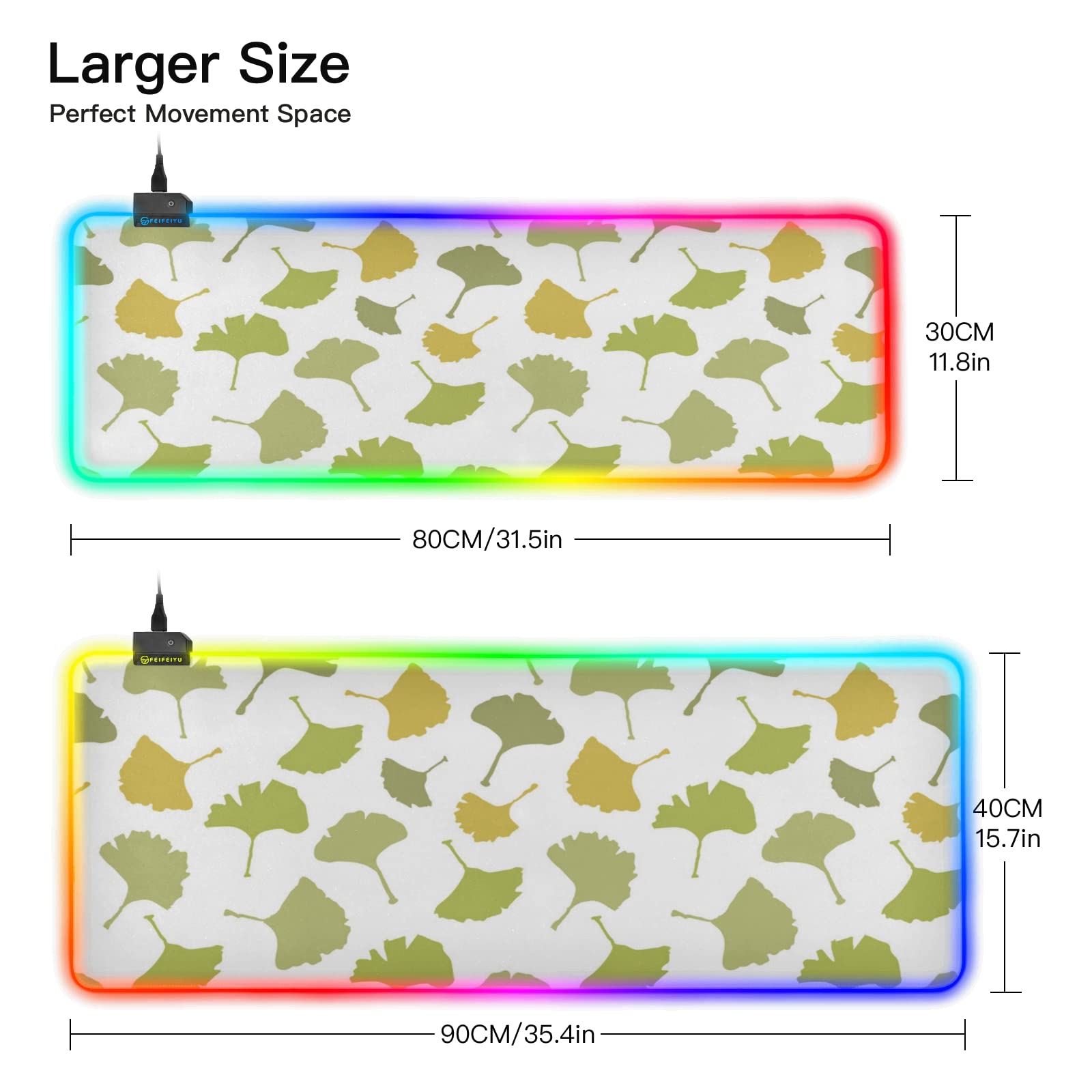 Large RGB Gaming Mouse Pad Ginkgo Biloba Leaf Tablecloth Seamless Pattern Vector Glowing Extended Mousepad 35.4x15.7in, Soft Anti-Slip Rubber Base Luminous Mouse Mat for Pc Laptop, Gaming, Office, Ho
