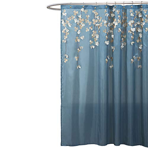 Lush Decor Flower Drops Shower Curtain | Embroidered Textured Fabric Floral Bathroom Decor, 72” x 72”, Blue and White