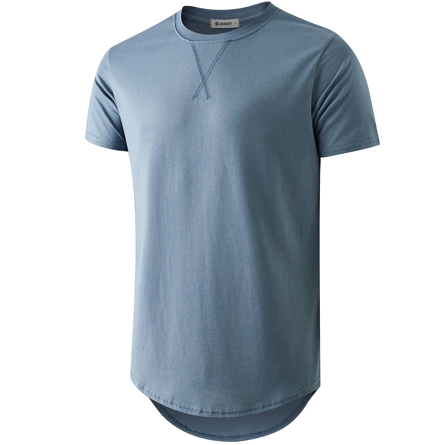 KLIEGOU Mens 100% Cotton Hipster Hip Hop Longline Crewneck T-Shirt (66 Light blue1 M)