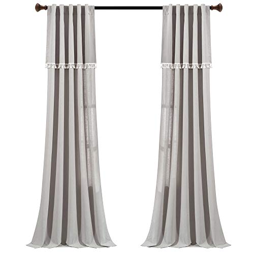 Lush Decor Ivy Tassel Faux Linen Window Curtain Panel Pair, 84 in x 40 in, Light Gray