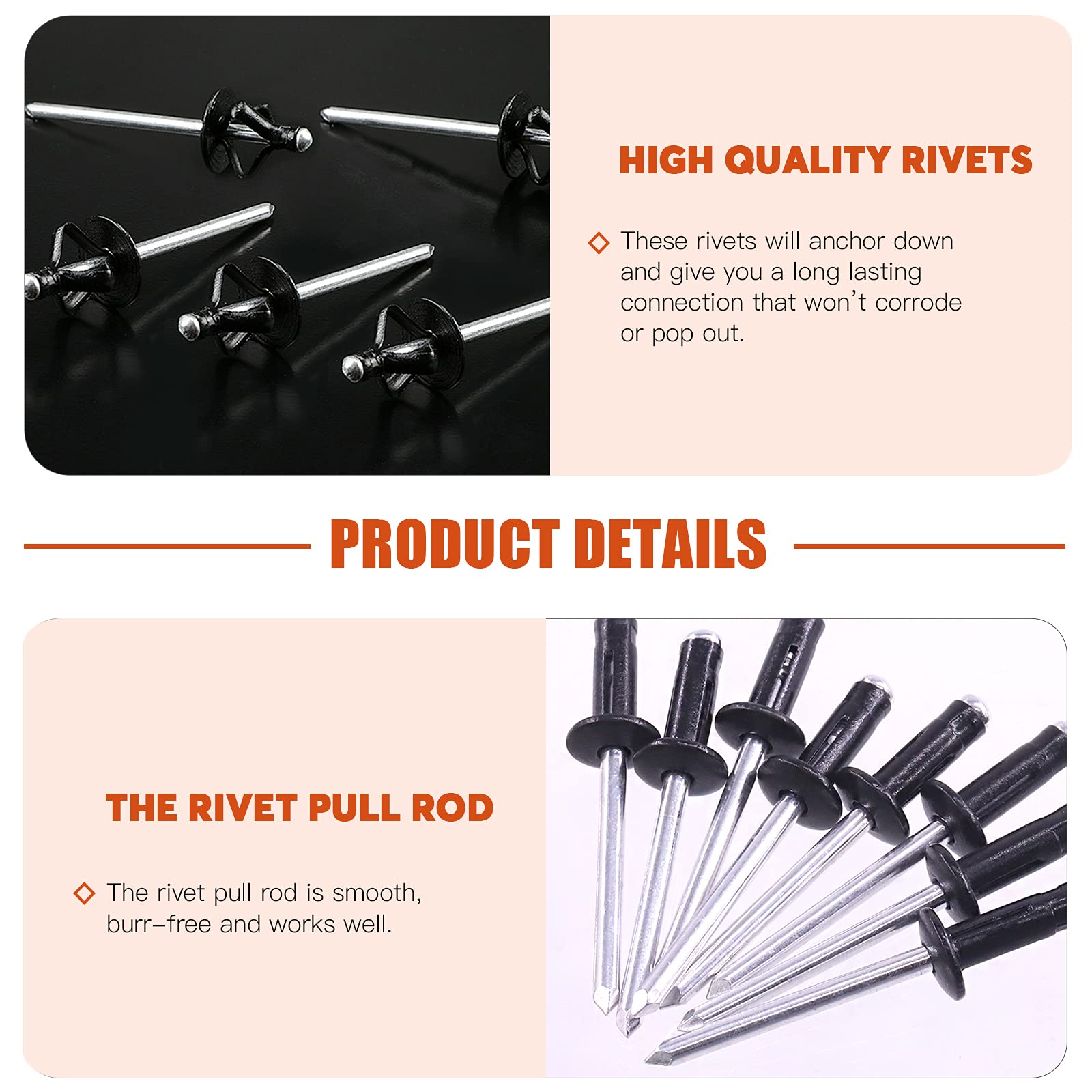 Tanstic 80Pcs 3/16'' x 9/16'' / 3/4'' / 13/16'' / 1" 4 Sizes Flange Aluminum Blind Rivets Large Head Tri-Fold Exploding Pop Rivets Assortment Kit (Black)