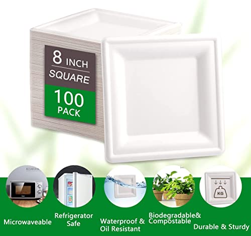 SUT 8-Inch Compostable Paper Plates, 100 PCS Square Biodegradable Bagasse Plates, Heavy-Duty Microwaveable Plates, Eco-Friendly Natural Disposable Plates, Made of Sugarcane Fibers, for Party, Picnic