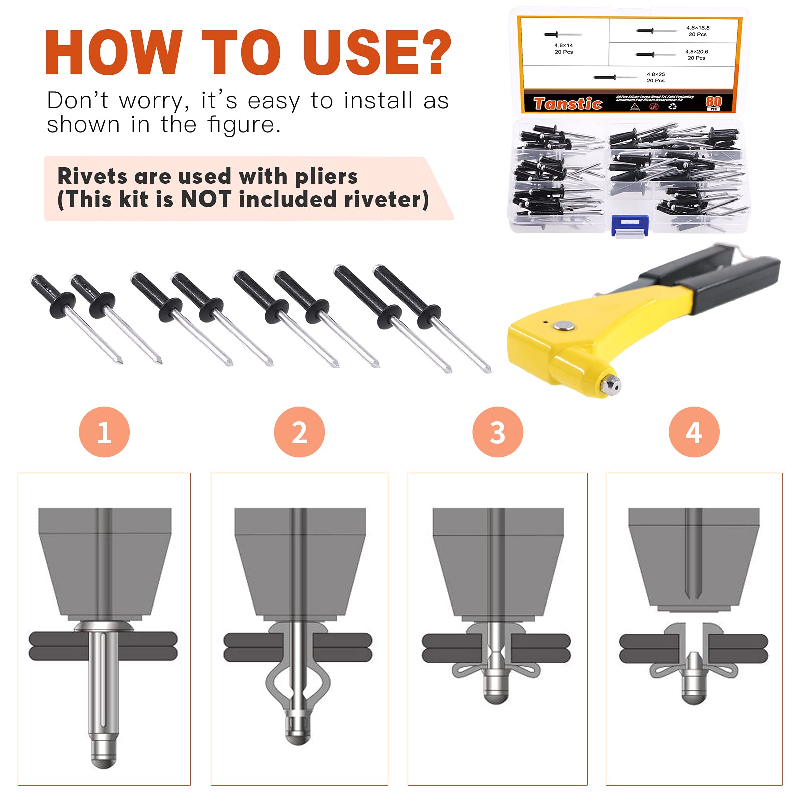 Tanstic 80Pcs 3/16'' x 9/16'' / 3/4'' / 13/16'' / 1" 4 Sizes Flange Aluminum Blind Rivets Large Head Tri-Fold Exploding Pop Rivets Assortment Kit (Black)