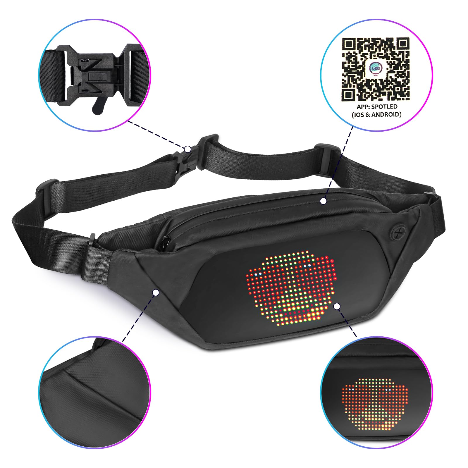 Led Fanny Packs with Bluetooth and Programmable, Crossbody Running Waist Bag DIY Backpack, LED Display Pixel Screen, for Men Women Daypack Daily Sports Mountaineering Travel