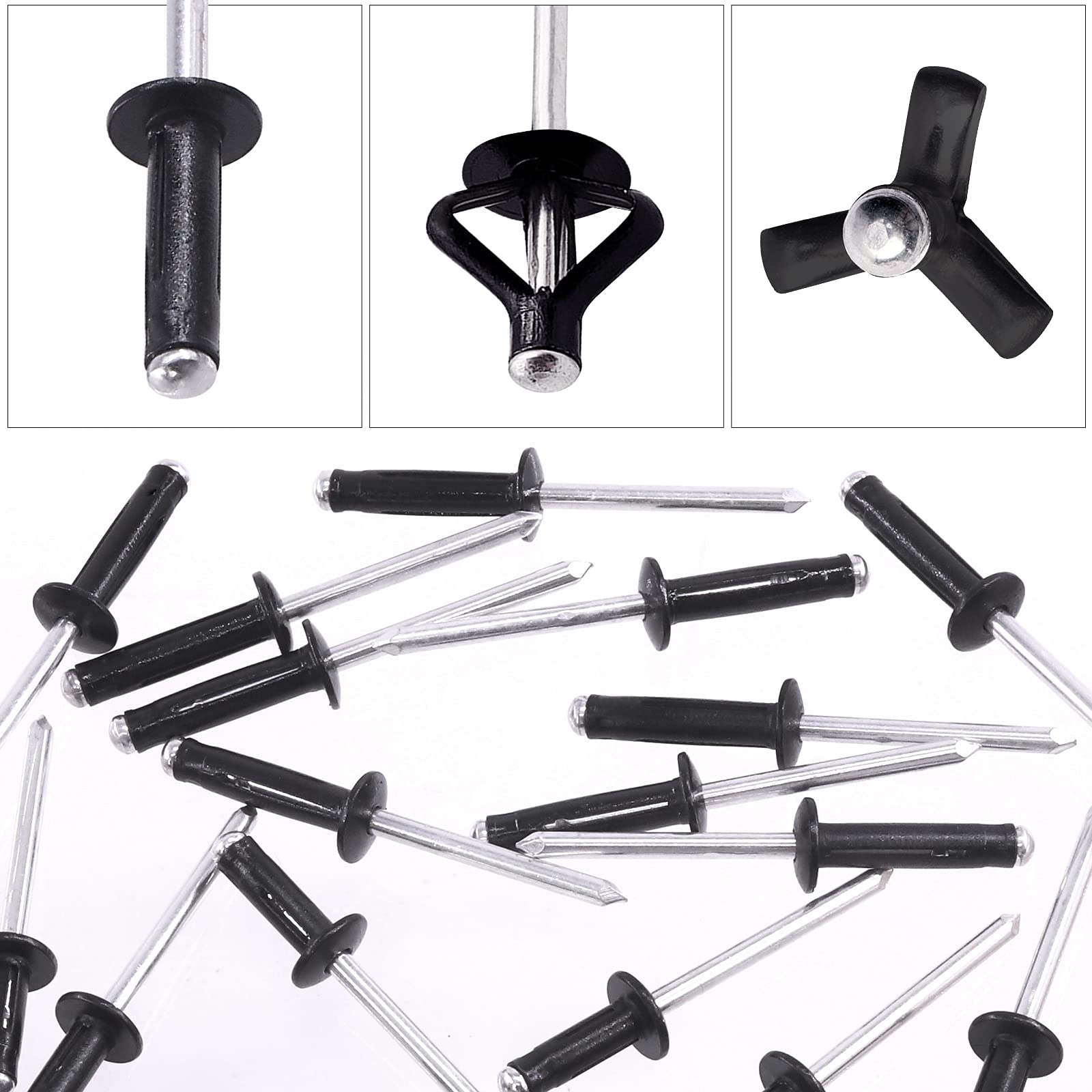 Tanstic 80Pcs 3/16'' x 9/16'' / 3/4'' / 13/16'' / 1" 4 Sizes Flange Aluminum Blind Rivets Large Head Tri-Fold Exploding Pop Rivets Assortment Kit (Black)