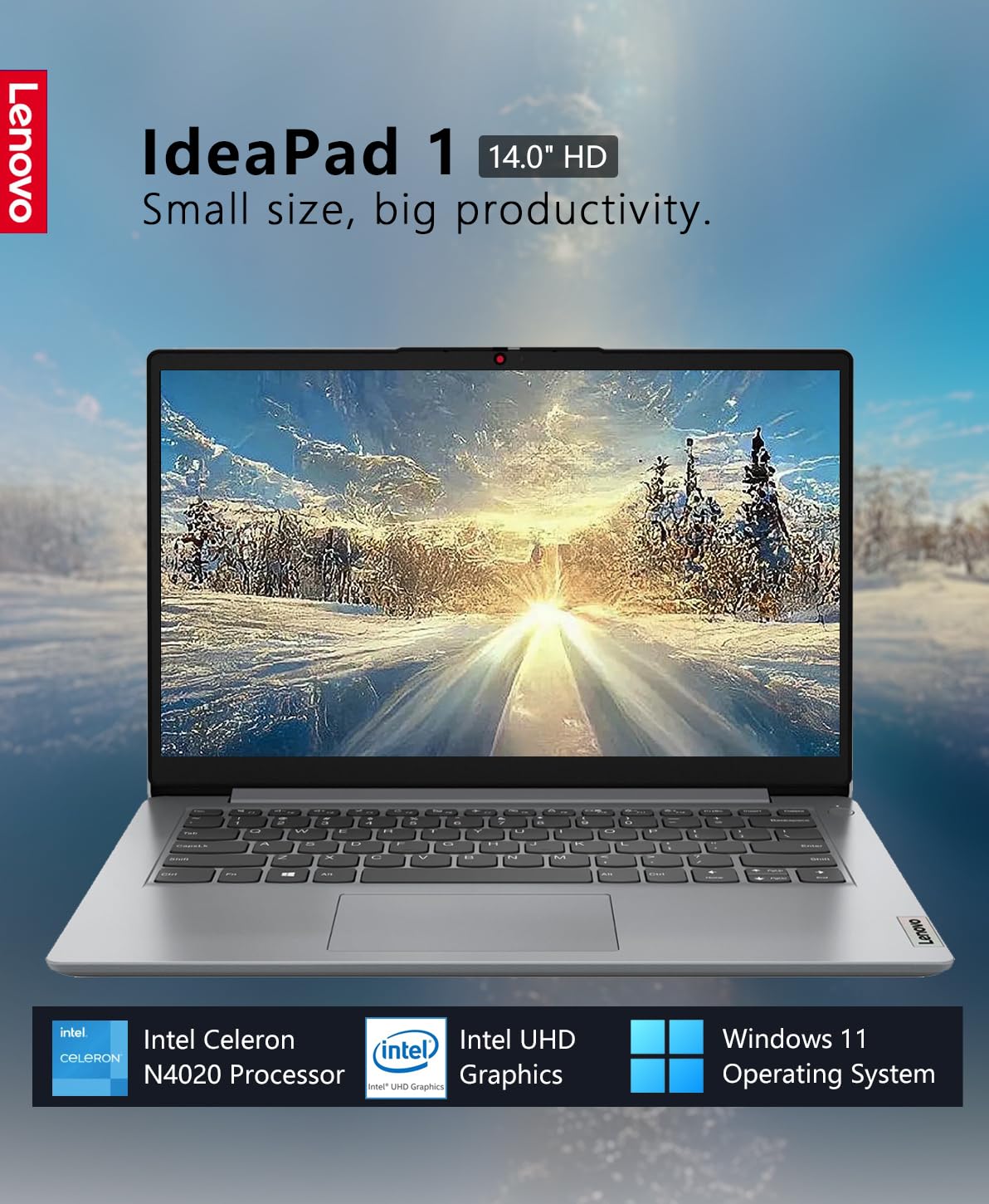 Lenovo IdeaPad 1 14 Laptop, 14.0" HD(1366 x 768) Screen, Intel Celeron N4020, 4GB RAM, 256GB Storage(128GB eMMC+128GB Card), Intel UHD Graphics 600, Win 11, Cloud Grey, W/GaLiMu