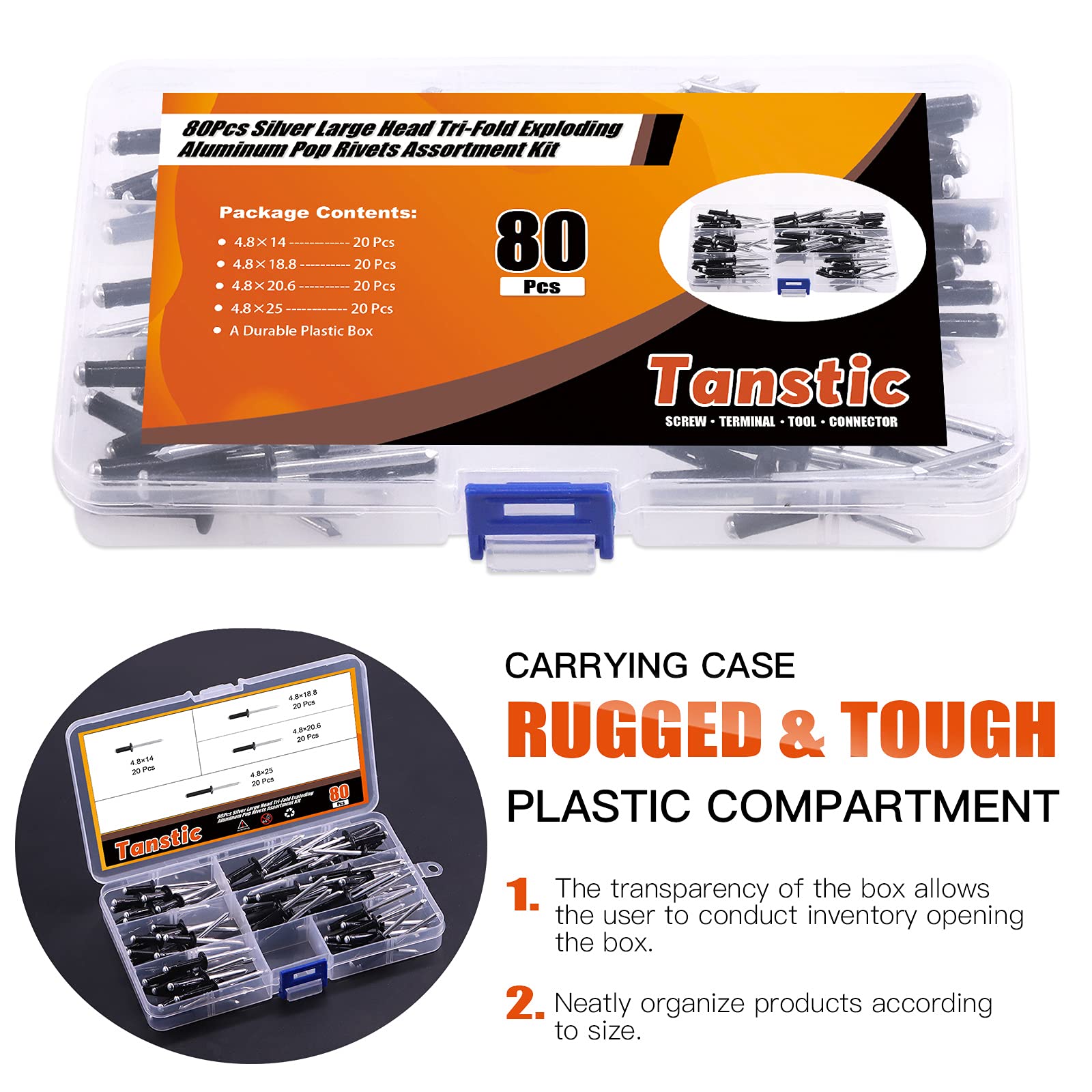 Tanstic 80Pcs 3/16'' x 9/16'' / 3/4'' / 13/16'' / 1" 4 Sizes Flange Aluminum Blind Rivets Large Head Tri-Fold Exploding Pop Rivets Assortment Kit (Black)