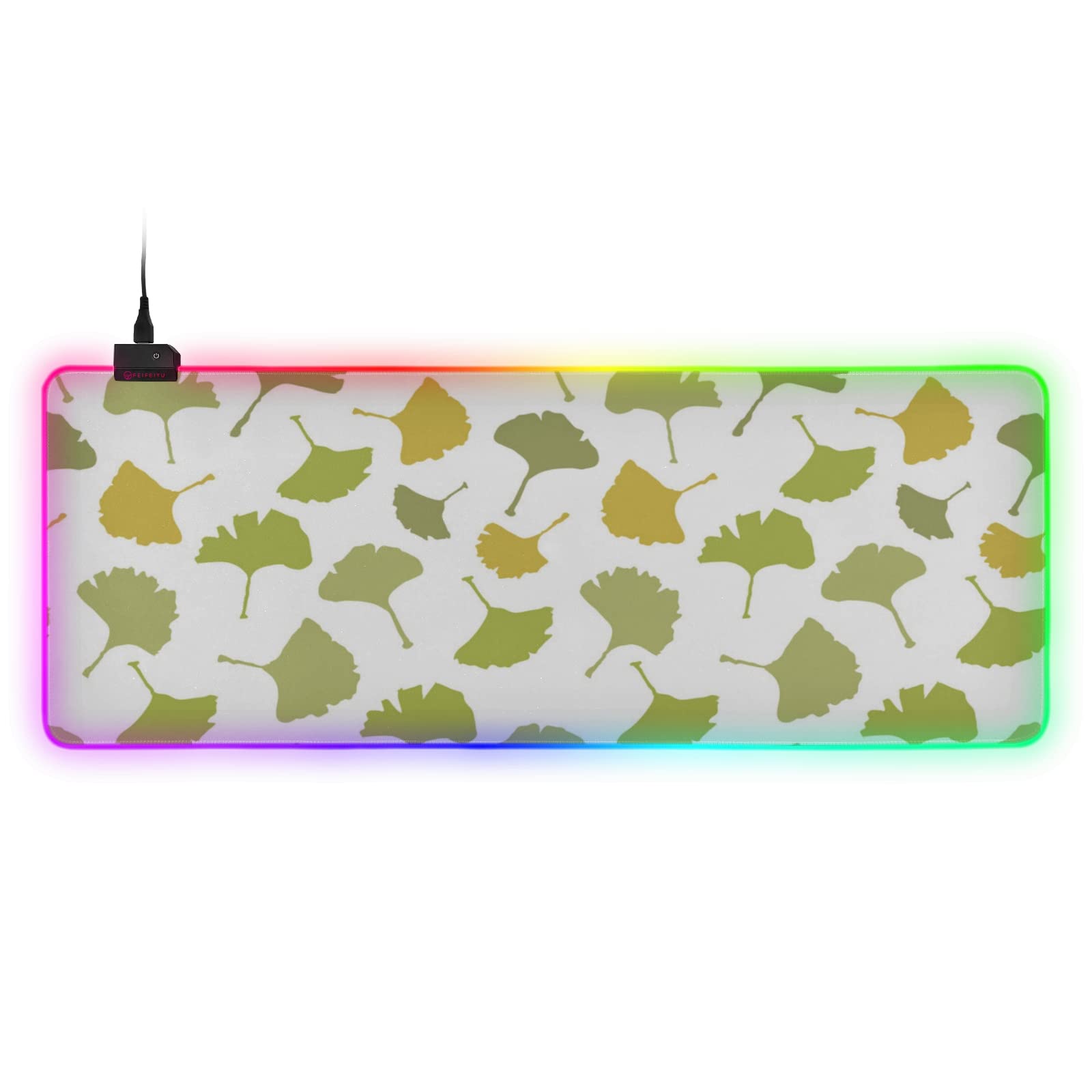 Large RGB Gaming Mouse Pad Ginkgo Biloba Leaf Tablecloth Seamless Pattern Vector Glowing Extended Mousepad 35.4x15.7in, Soft Anti-Slip Rubber Base Luminous Mouse Mat for Pc Laptop, Gaming, Office, Ho