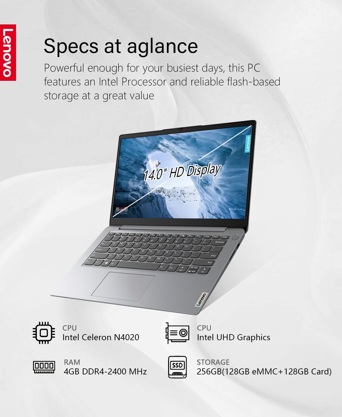 Lenovo IdeaPad 1 14 Laptop, 14.0" HD(1366 x 768) Screen, Intel Celeron N4020, 4GB RAM, 256GB Storage(128GB eMMC+128GB Card), Intel UHD Graphics 600, Win 11, Cloud Grey, W/GaLiMu