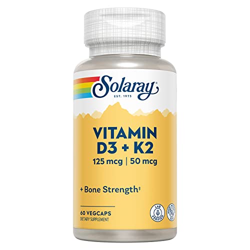SOLARAY Vitamin D-3 + K-2, Calcium Absorption, Bone Strength, Cardiovascular & Immune Function Support, 60 VegCaps