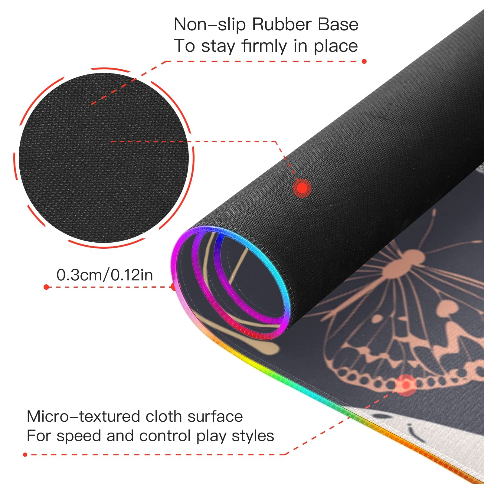 Large RGB Gaming Mouse Pad Floral Pattern Ginkgo Leaves Glowing Extended Mousepad 35.4x15.7in, Soft Anti-Slip Rubber Base Luminous Mouse Mat for Pc Laptop, Gaming, Office, Home