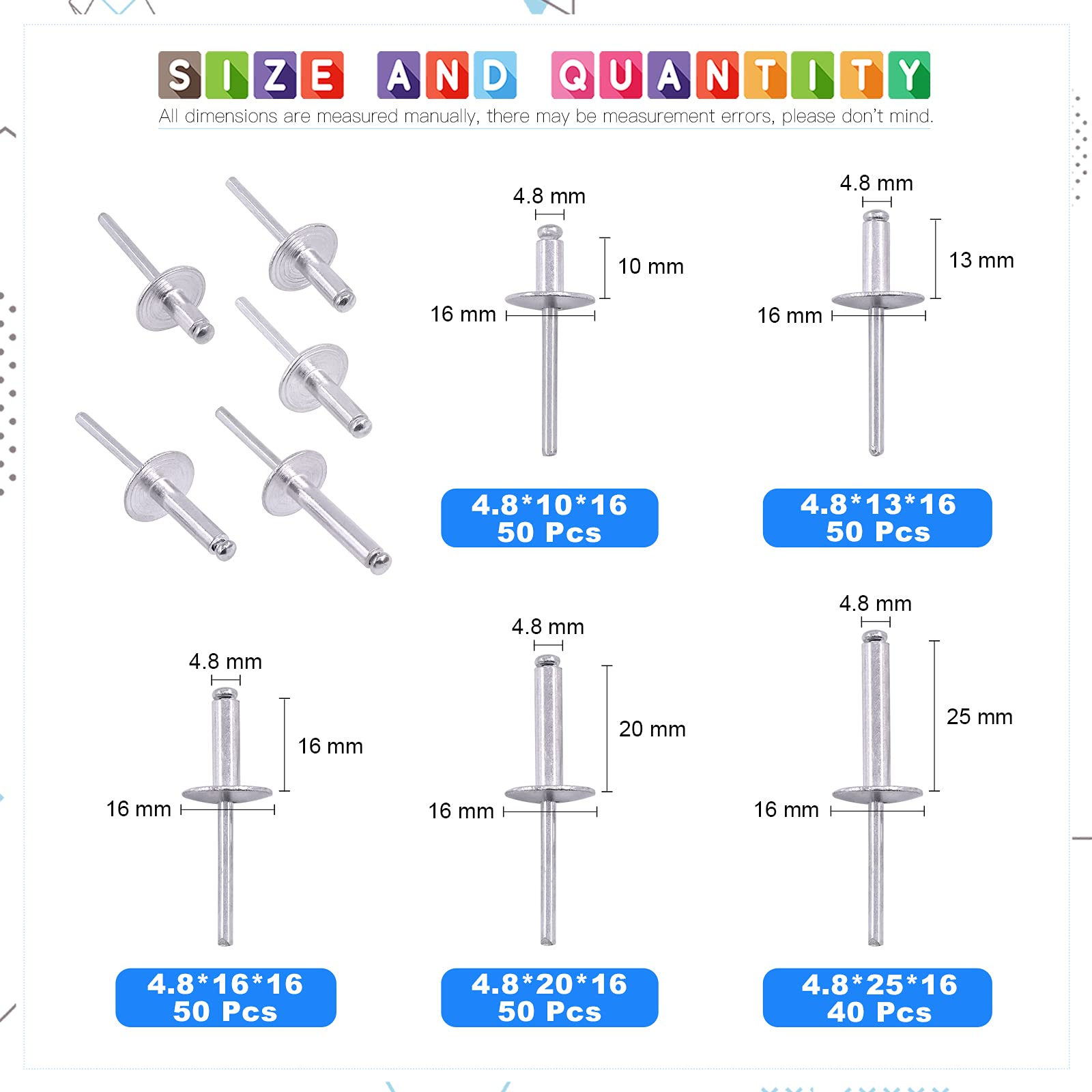 Glarks 240Pcs 3/16" x 3/8'' / 1/2'' / 5/8'' / 3/4'' / 1'' Large Flange Blind Rivets 5 Szie Aluminum Pop Rivets Assortment Set
