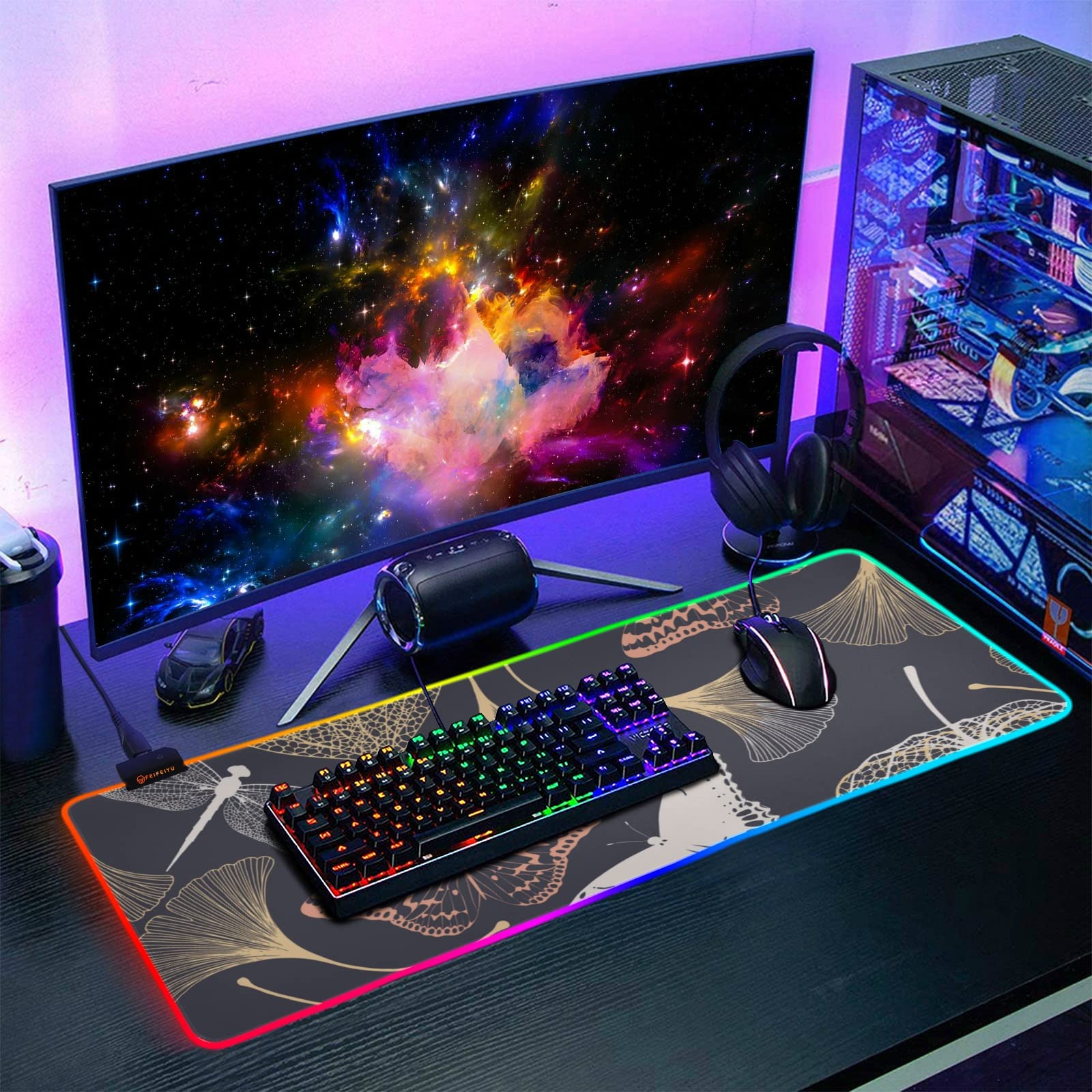 Large RGB Gaming Mouse Pad Floral Pattern Ginkgo Leaves Glowing Extended Mousepad 35.4x15.7in, Soft Anti-Slip Rubber Base Luminous Mouse Mat for Pc Laptop, Gaming, Office, Home